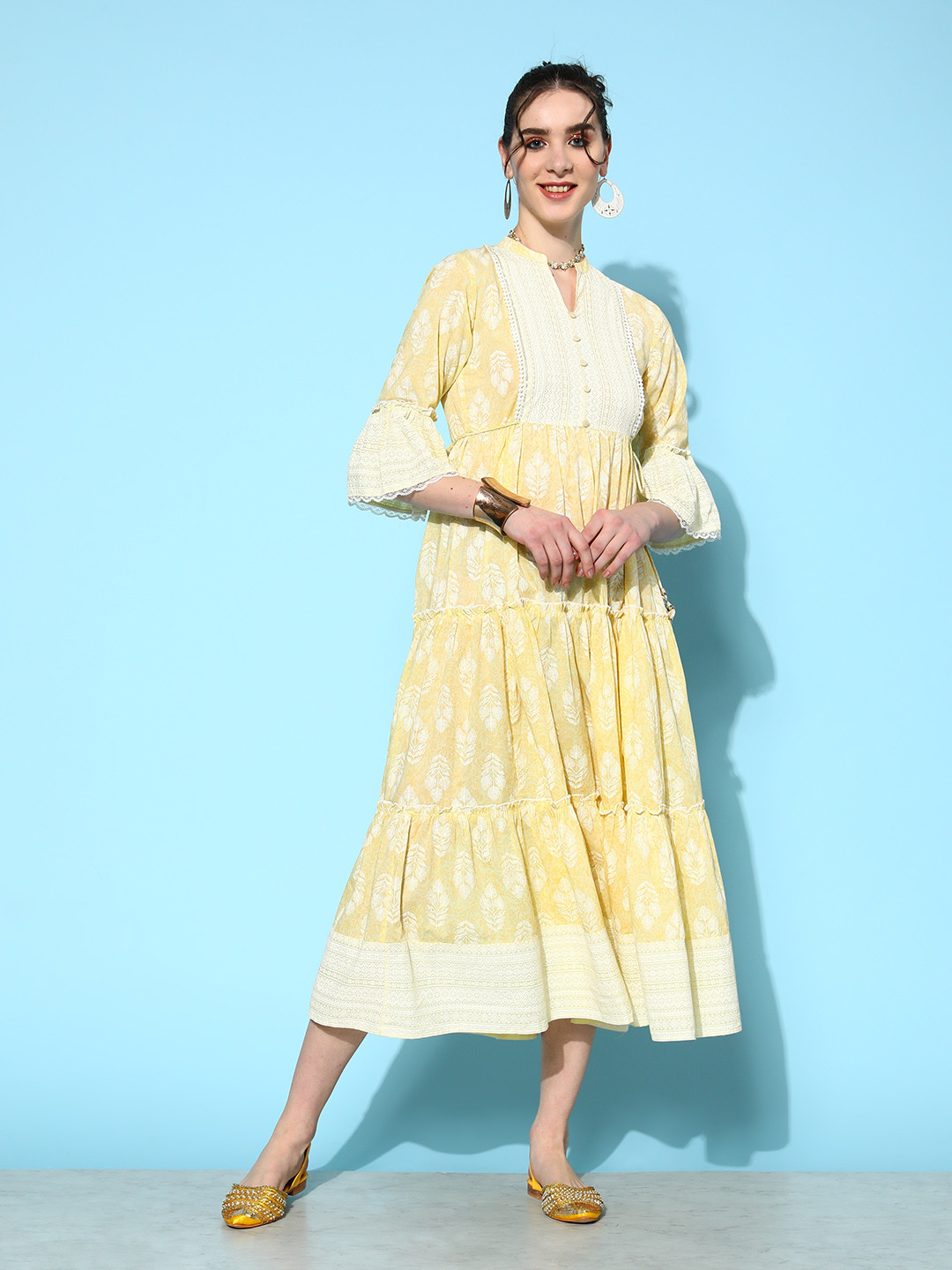 Buy Juniper Ethnic Motifs Printed Lace Inserts Detail Tiered Midi Fit ...