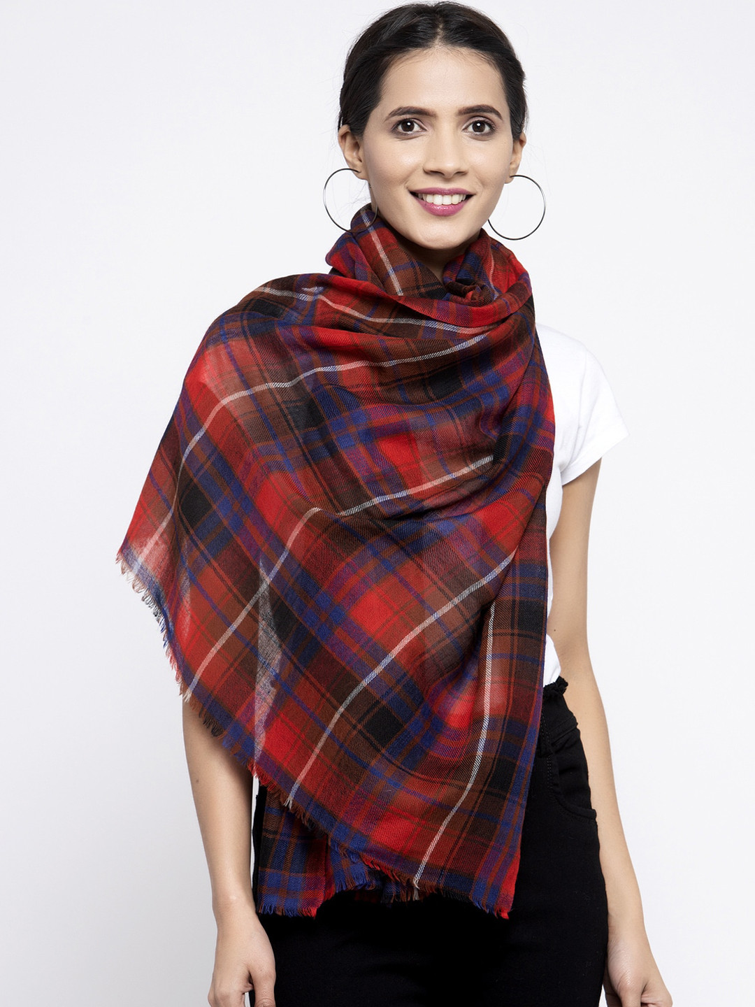Buy Calvadoss Women Red & Black Checked Woolen Long Fit Muffler ...