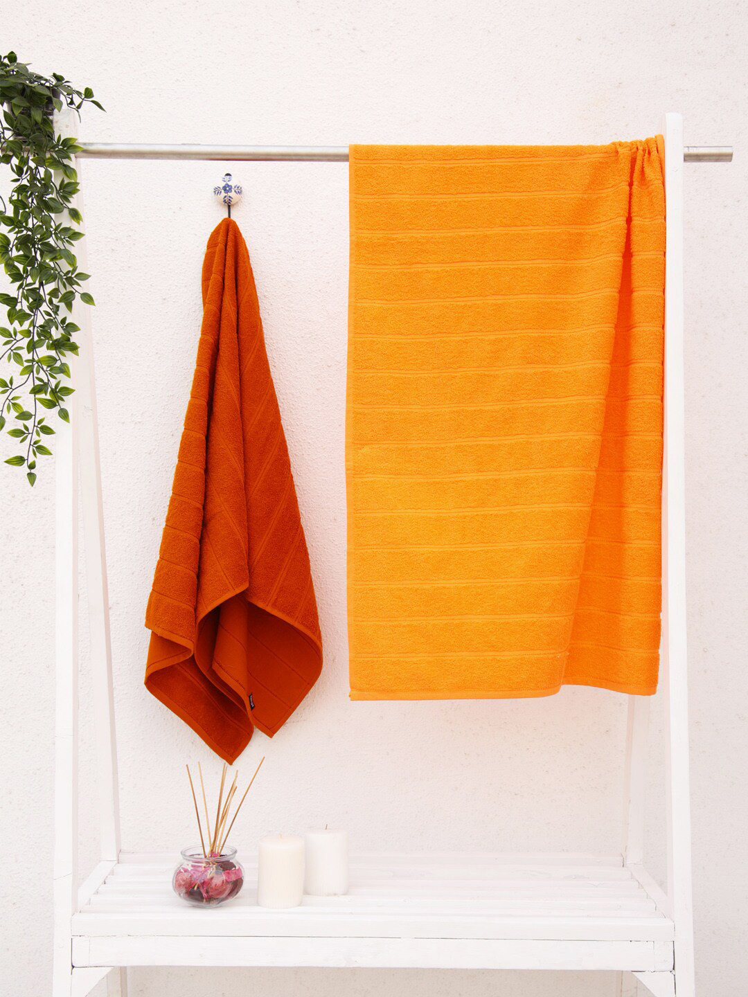 Buy Ariana Orange & Rust Set Of 2 Solid Cotton 300 GSM Bath Towels ...