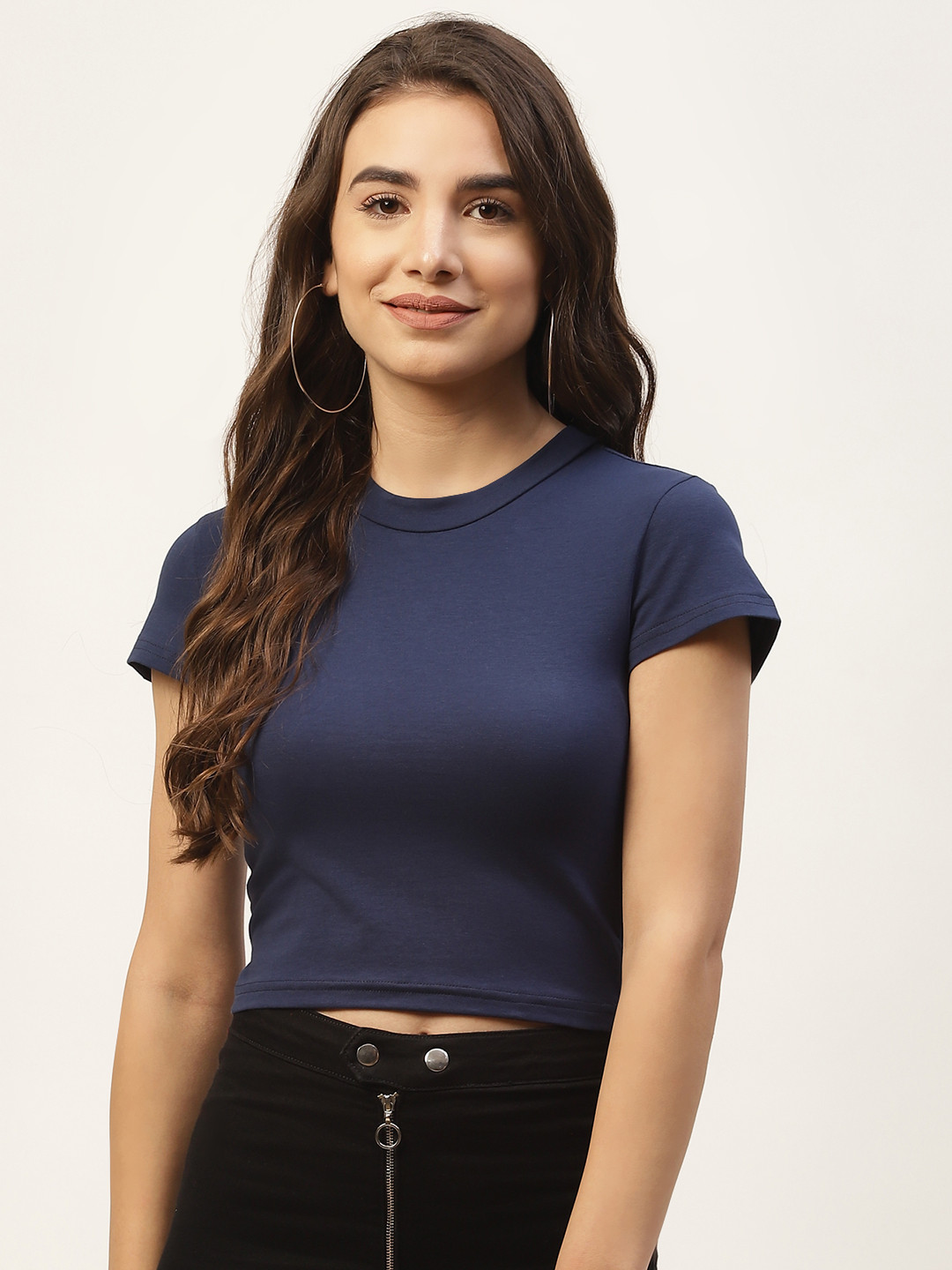 Buy FEMEA Women Navy Blue Solid Crop Top - Tops for Women 16306460 | Myntra