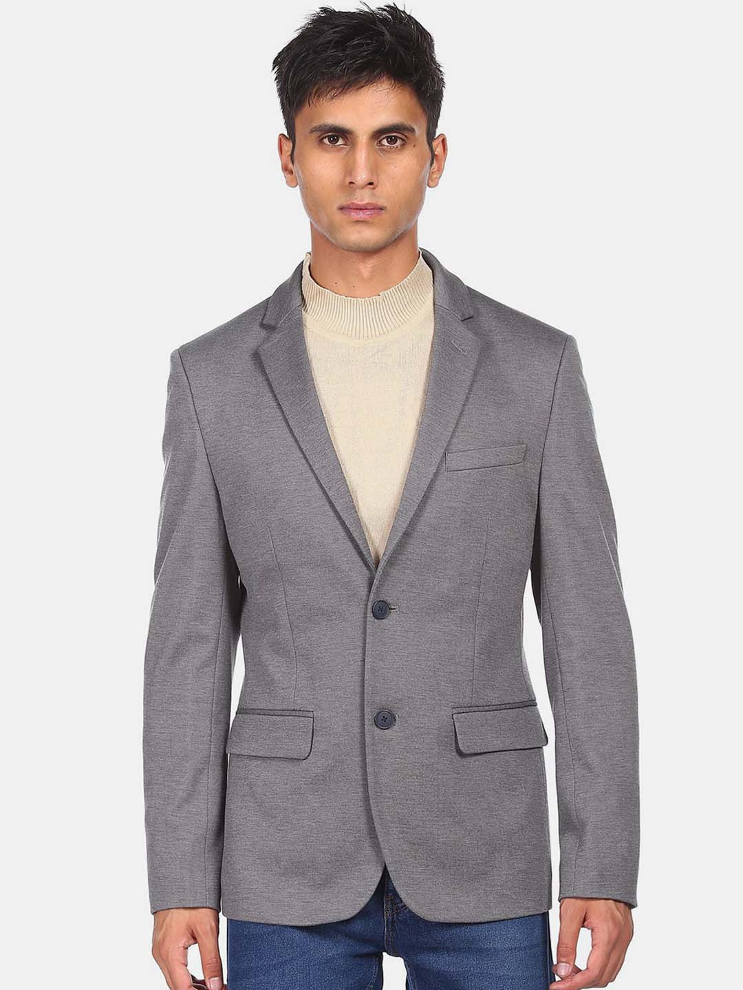Buy Flying Machine Men Grey Solid Single Breasted Casual Blazer ...