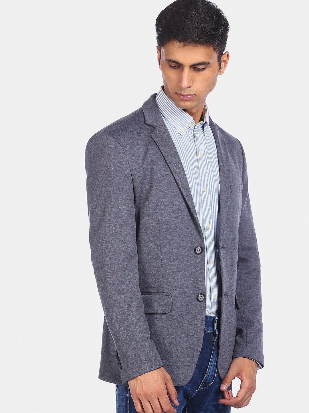 Buy Flying Machine Men Blue Solid Single Breasted Casual Blazer ...