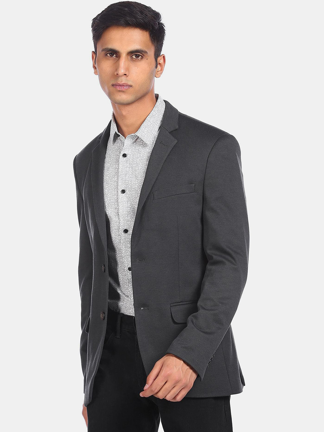 Buy Flying Machine Men Charcoal Grey Solid Single Breasted Casual ...