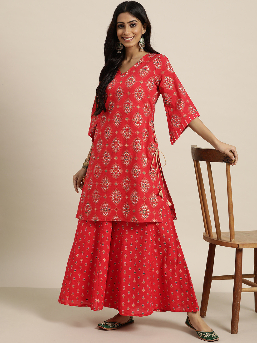 Buy Sangria Women Red Ethnic Motifs Printed Pure Cotton Kurta With ...