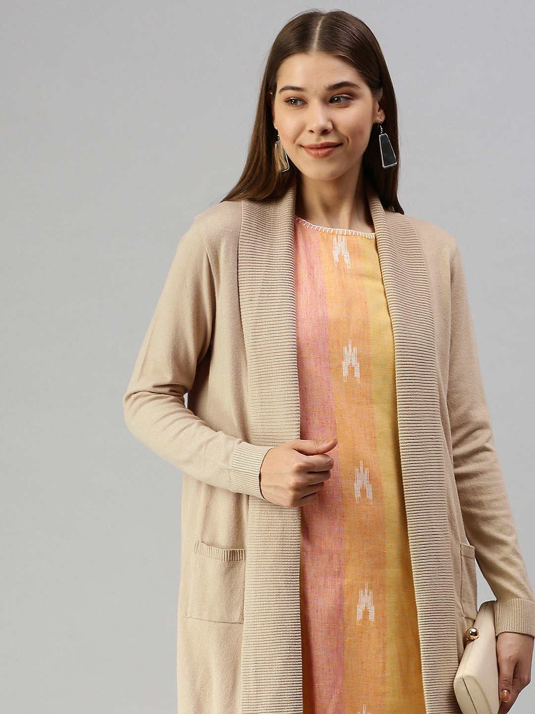 Buy Global Desi Women Beige Solid Longline Shrug - Shrug for Women ...