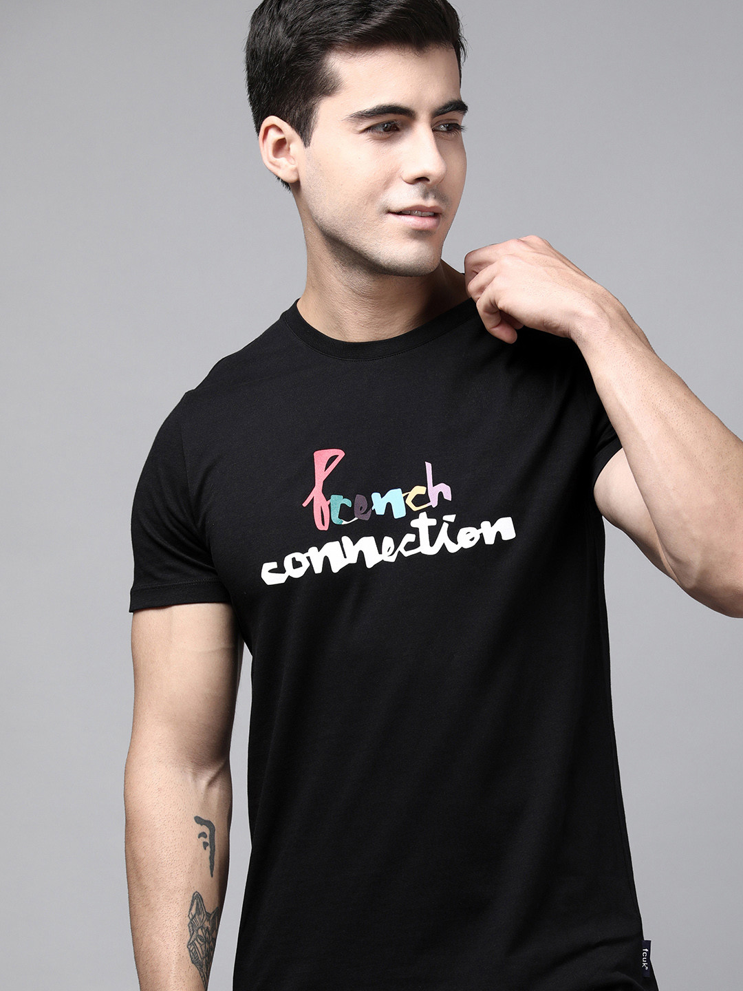 Buy French Connection Men Black Brand Logo Printed Pure Cotton T Shirt ...