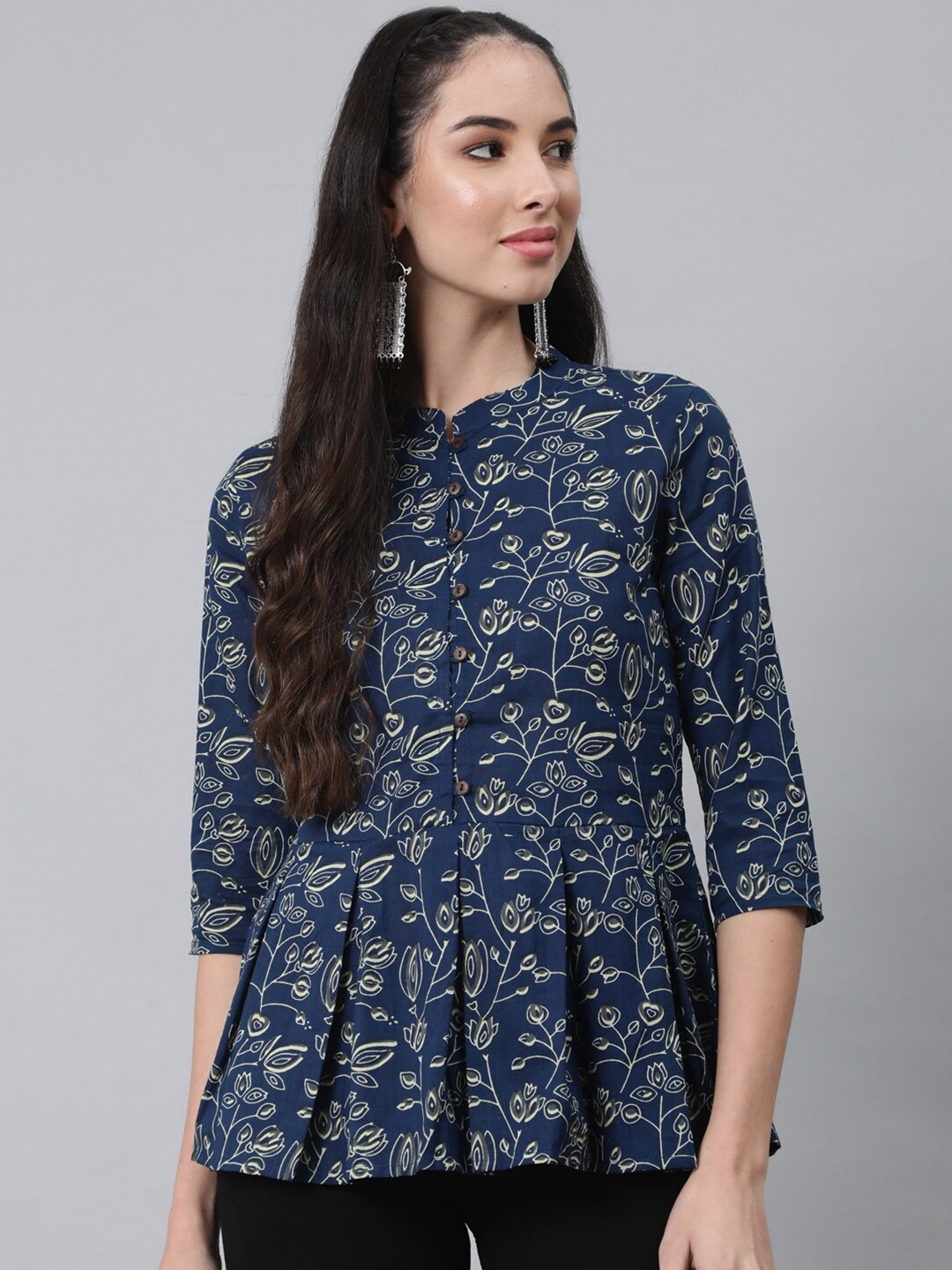 Buy Anubhutee Navy Blue And Beige Ethnic Motifs Printed Pure Cotton
