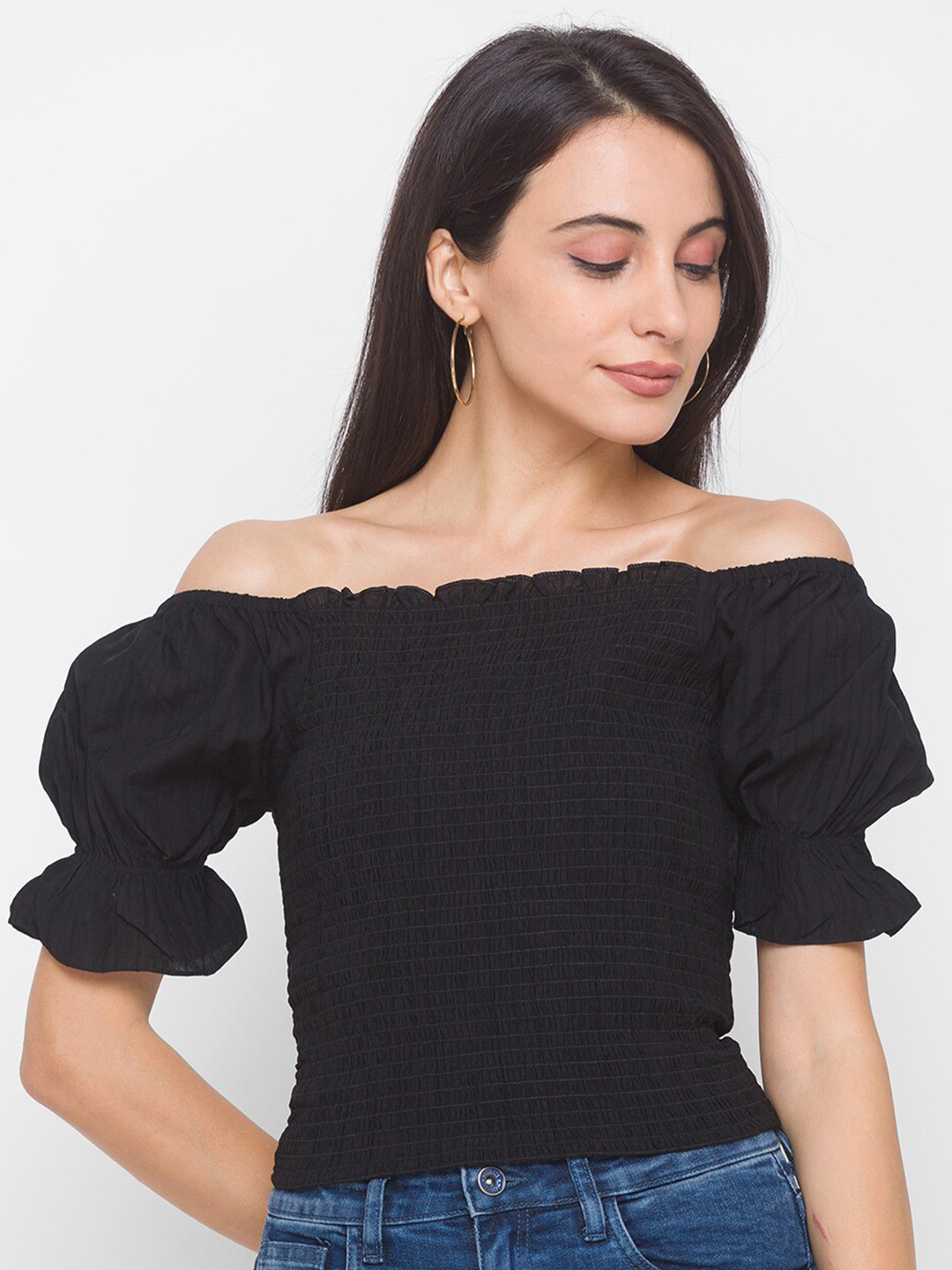 Buy Globus Women Black Solid Off Shoulder Bardot Top - Tops for Women ...