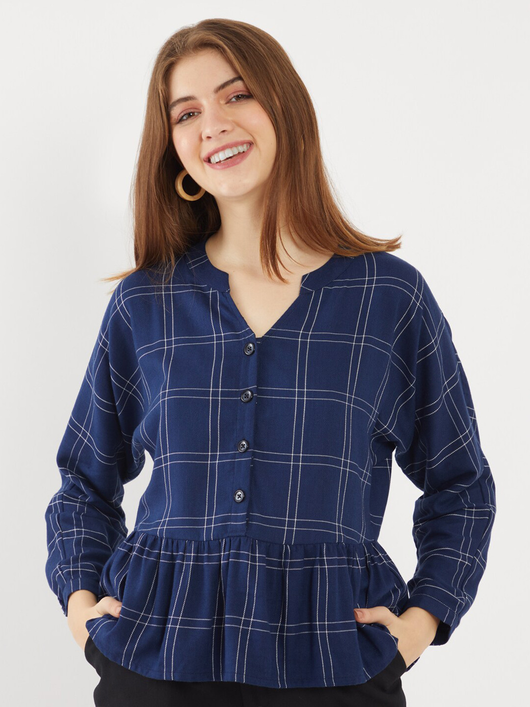 Buy Zink London Navy Blue Checked Pure Cotton Mandarin Collar Shirt Style Top - Tops for Women ...