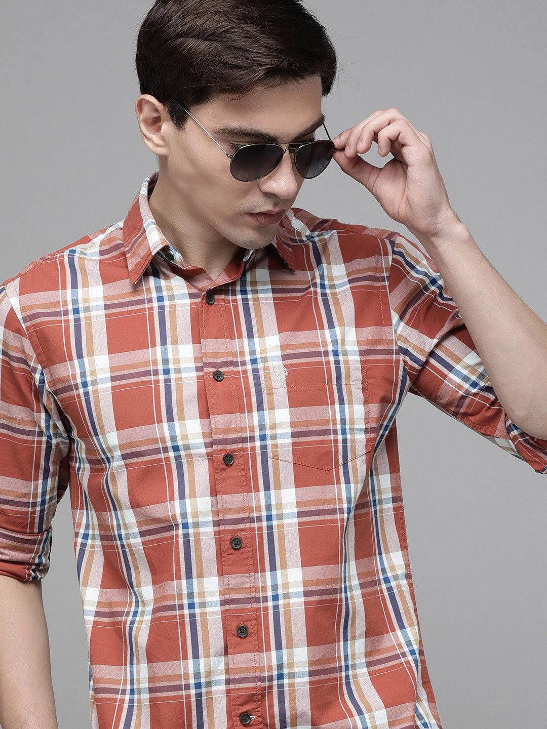 Buy U.S. Polo Assn. Men Rust Orange & Navy Blue Checked Tailored Fit ...