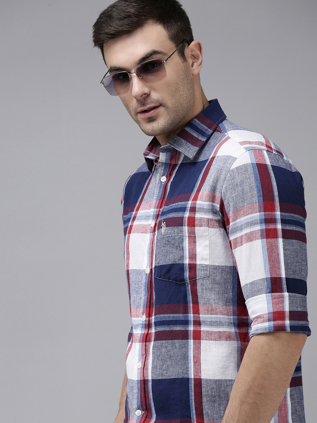 Buy U.S. Polo Assn. Men Red & Blue Checked Tailored Fit Casual Shirt ...