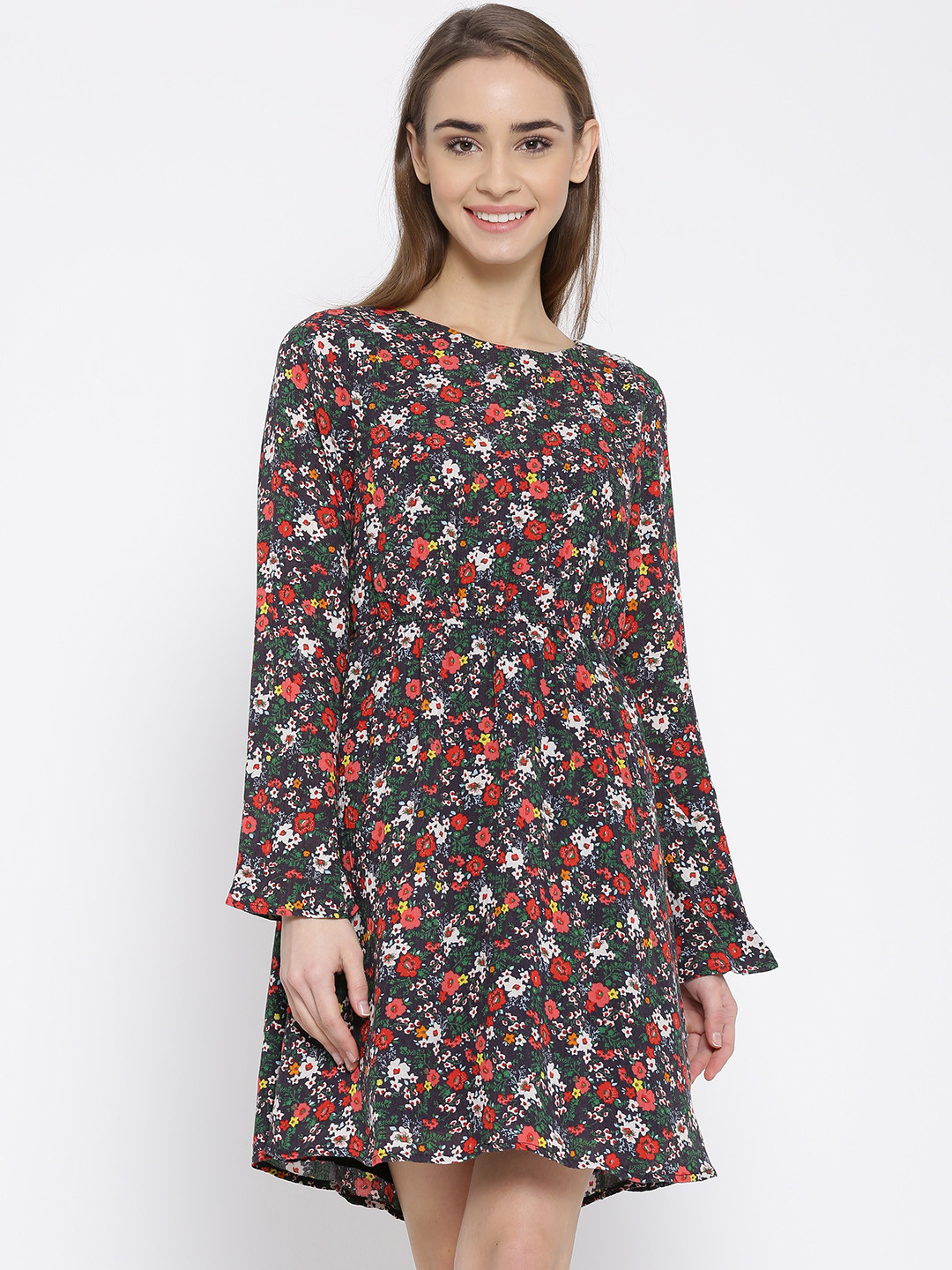 Buy Vero Moda Women Navy & Red Floral Print A Line Dress - Dresses for ...