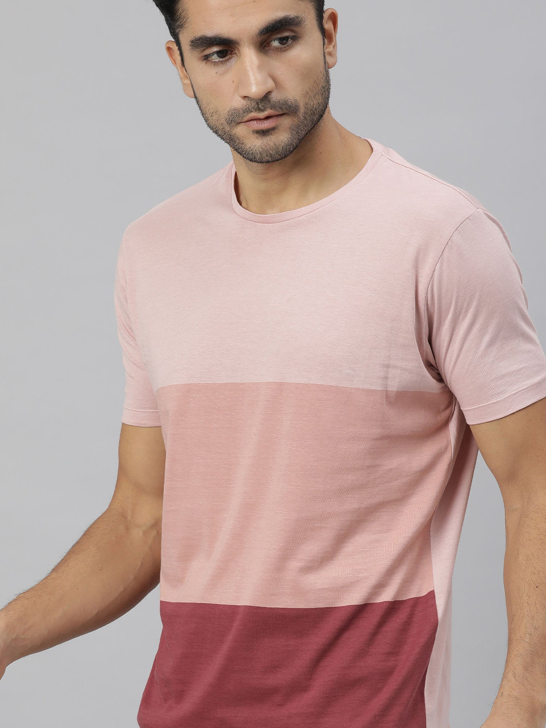 Buy RARE RABBIT Men Pink Colourblocked Pure Cotton Slim Fit T Shirt ...