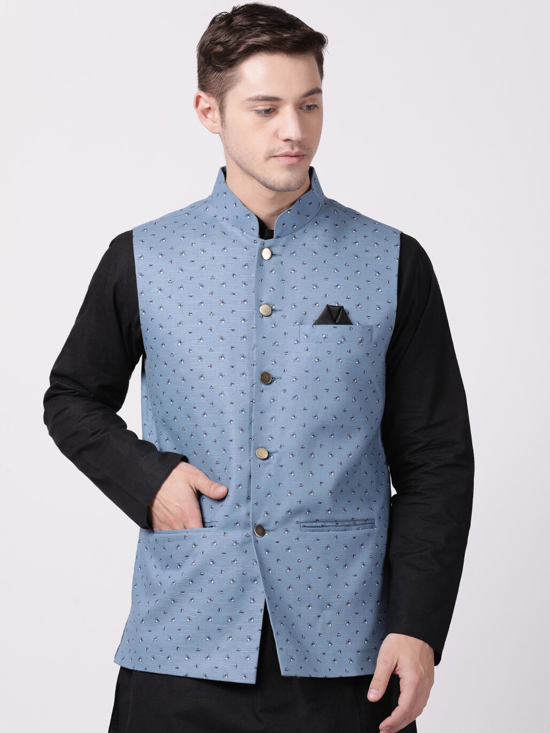 Buy TABARD Men Blue & White Printed Woven Pure Cotton Nehru Jacket ...