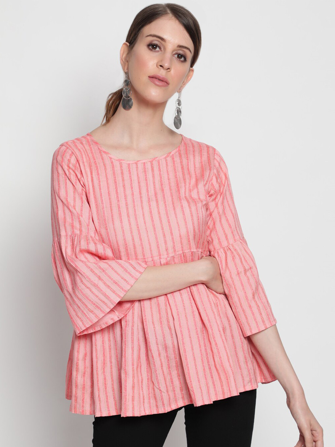 Buy THE NKS PLUS Women Peach Coloured Striped Cotton Longline Top ...