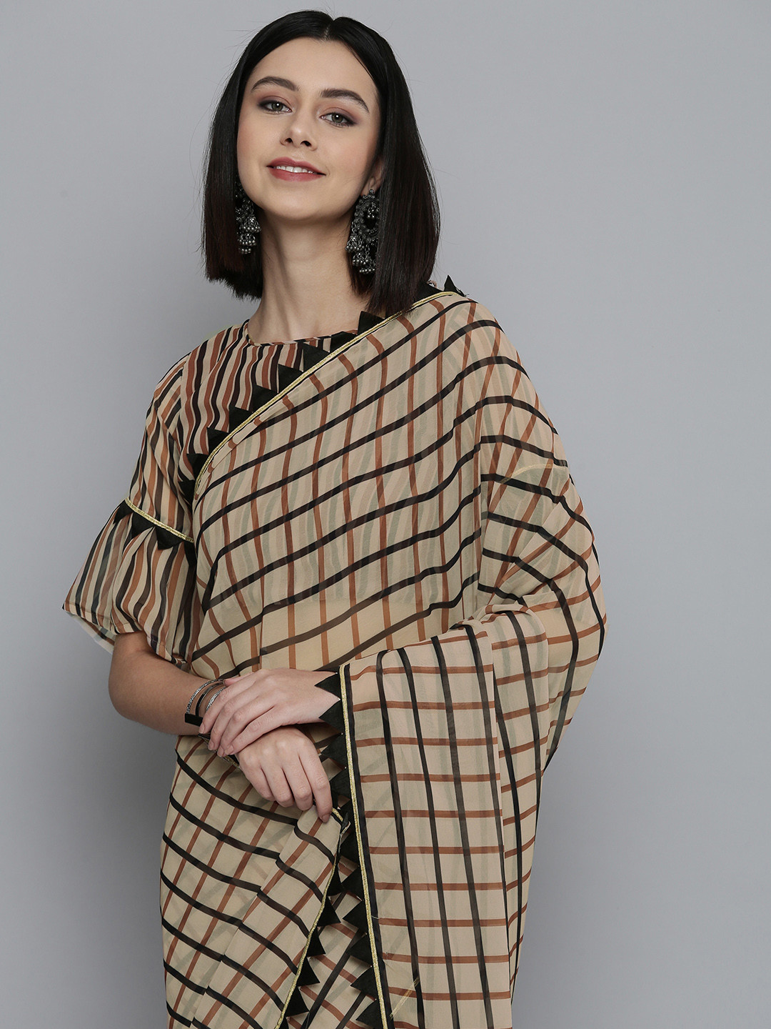 Buy HERE&NOW Beige & Brown Checked Pure Georgette Saree - Sarees for ...