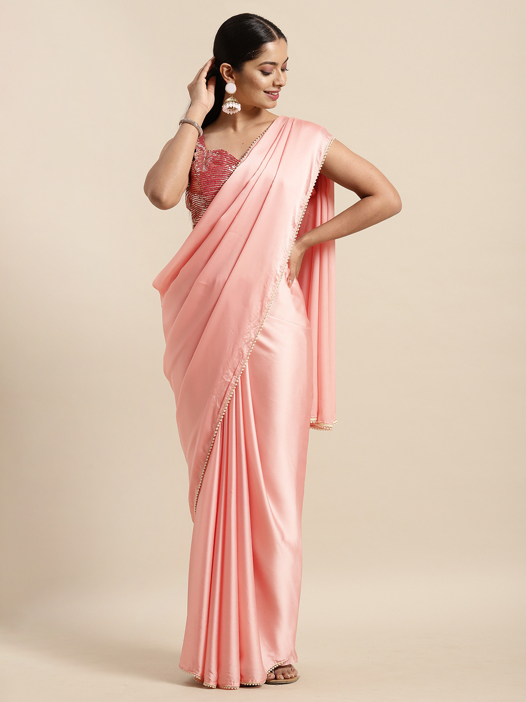 Buy HERE&NOW Pink Dyed Pearl Embellished Satin Saree - Sarees for Women ...