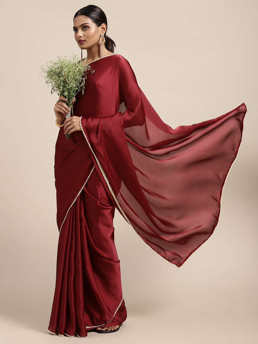 Buy HERE&NOW Maroon Dyed Pearl Embellished Satin Saree - Sarees for ...