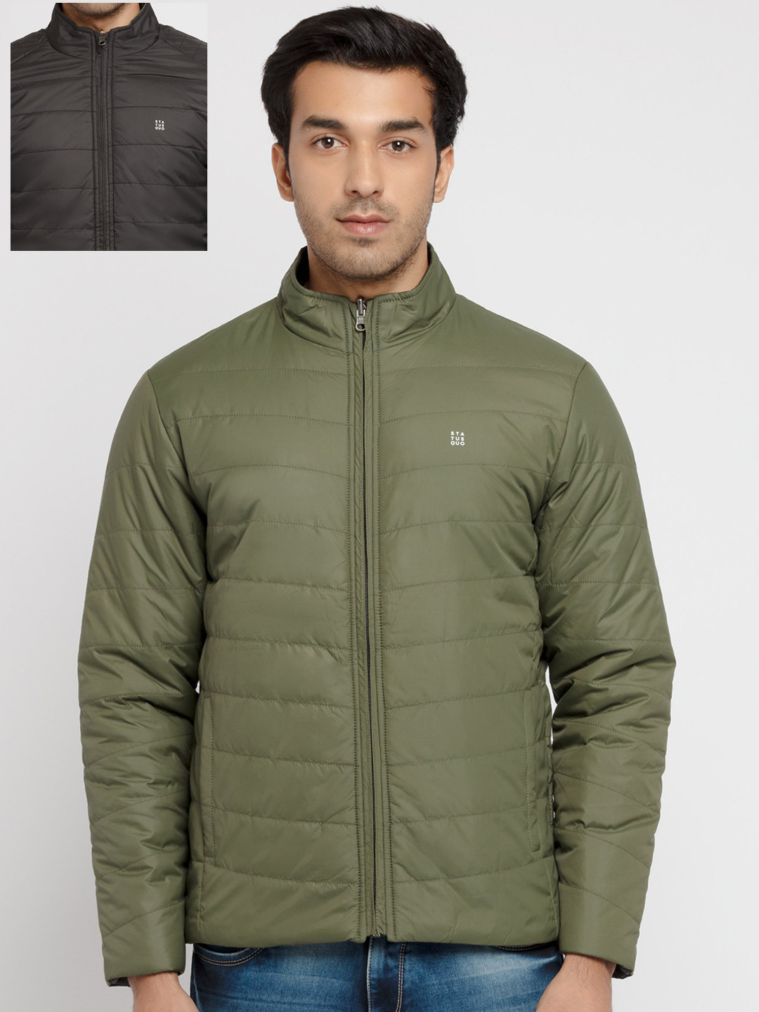 Buy Status Quo Men Olive Green Quilted Reversible Padded Jacket ...