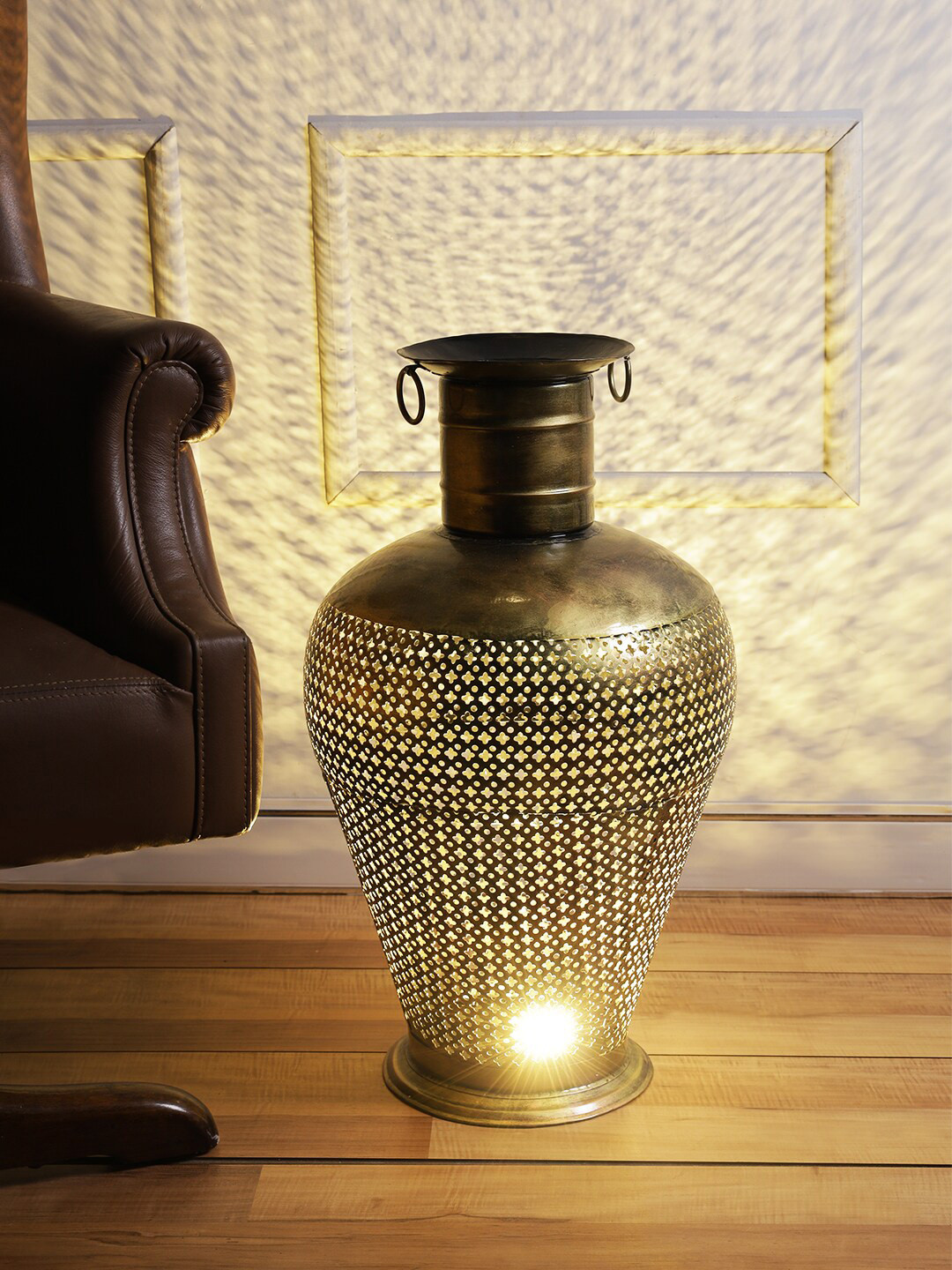 Buy Aapno Rajasthan Gold Toned Traditional Textured Metal Lamp - Floor ...
