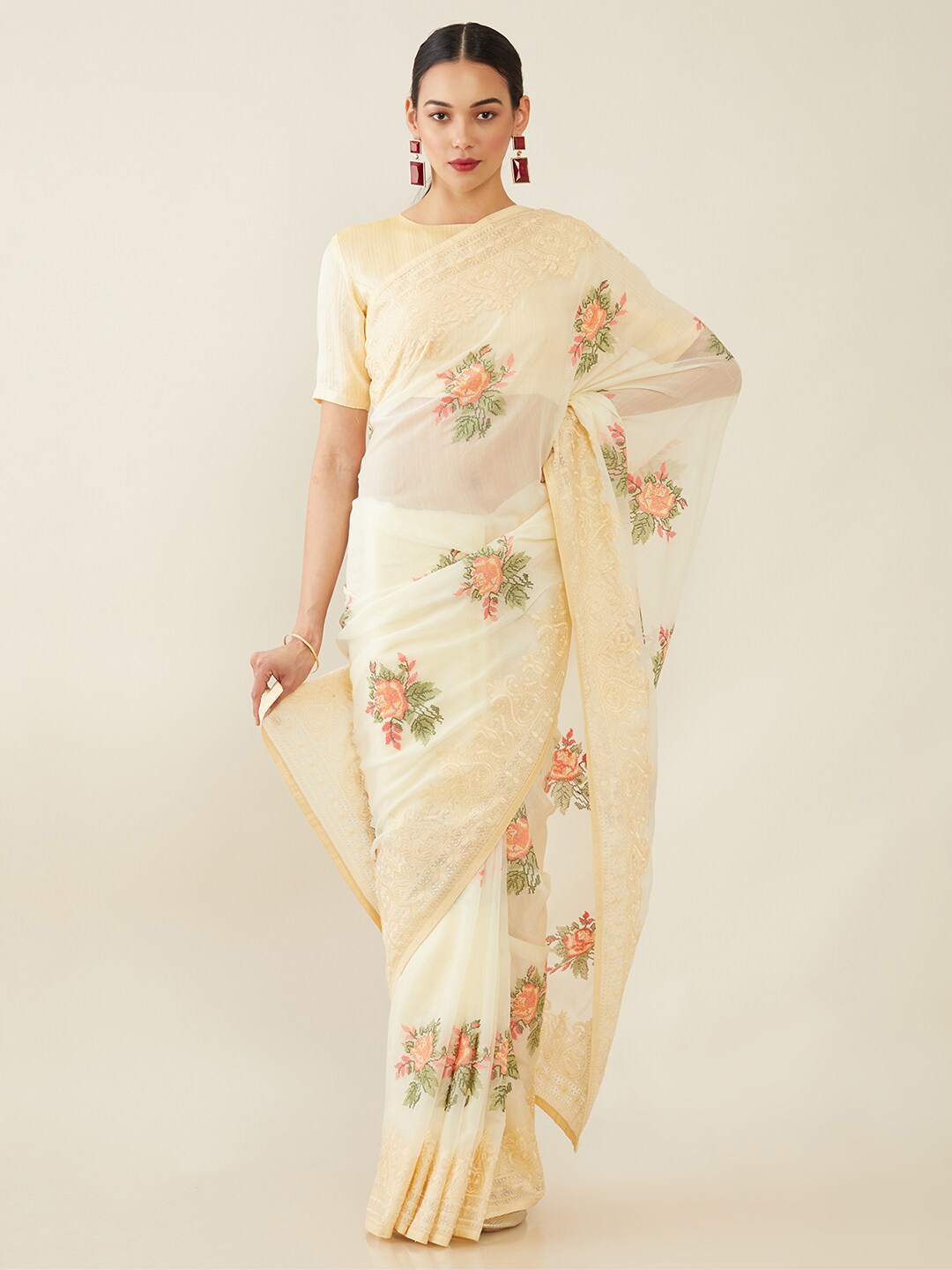 Buy Soch Cream Coloured & Gold Toned Floral Embroidered Organza Saree ... Buy Soch Cream Coloured & Gold Toned Floral Embroidered Organza Saree ...