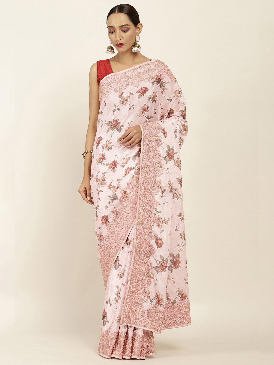 Buy Soch Pink Floral Embellished Chiffon Saree - Sarees for Women ...