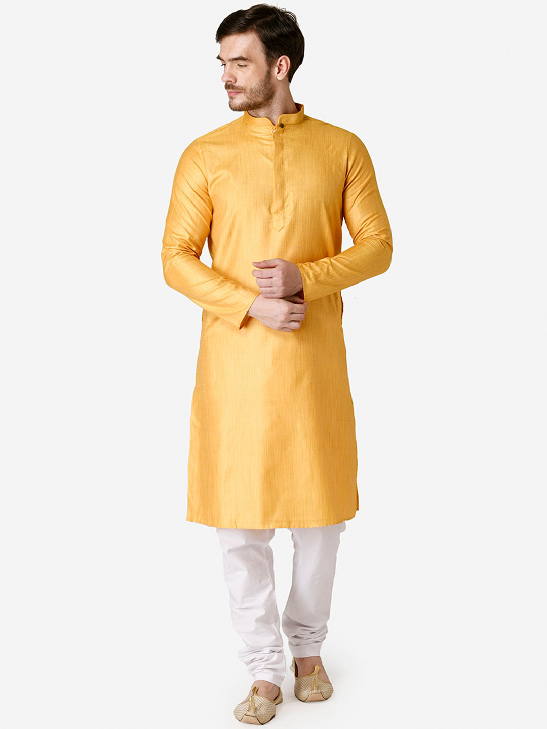 Buy TABARD Men Yellow Woven Design Jacquard Kurta - Kurtas for Men ...