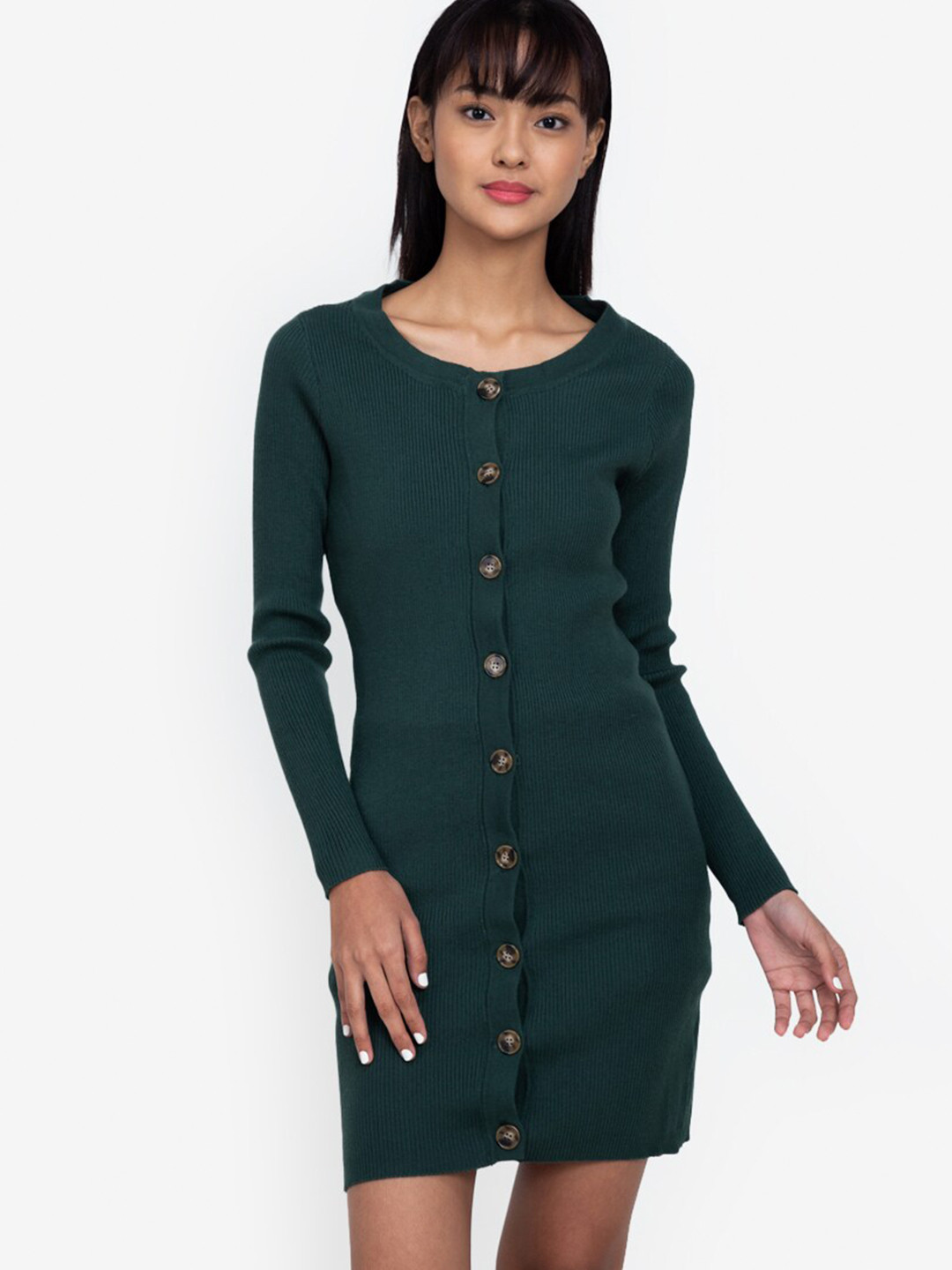 Buy ZALORA BASICS Green Button Front Long Sleeve Rib Sheath Dress ...