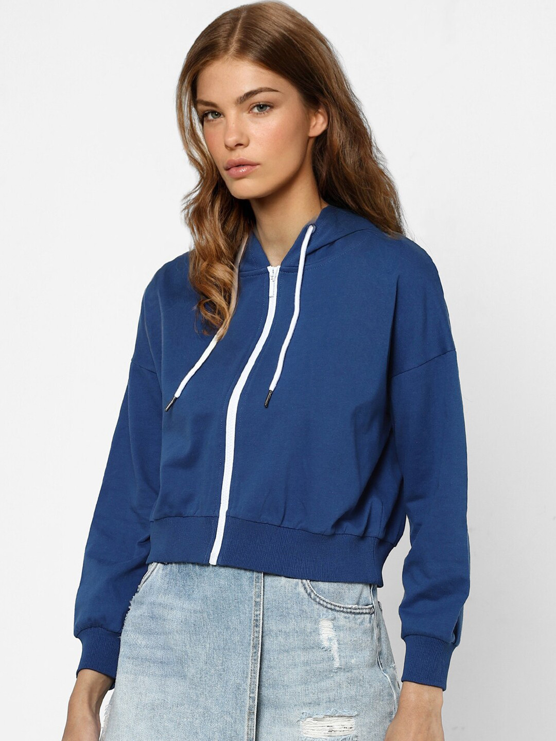 Buy ONLY Women Navy Blue Cotton Hooded Sweatshirt - Sweatshirts for ...