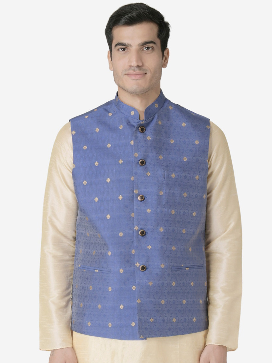 Buy TABARD Men Blue & Beige Woven Design Nehru Jacket - Nehru Jackets ...