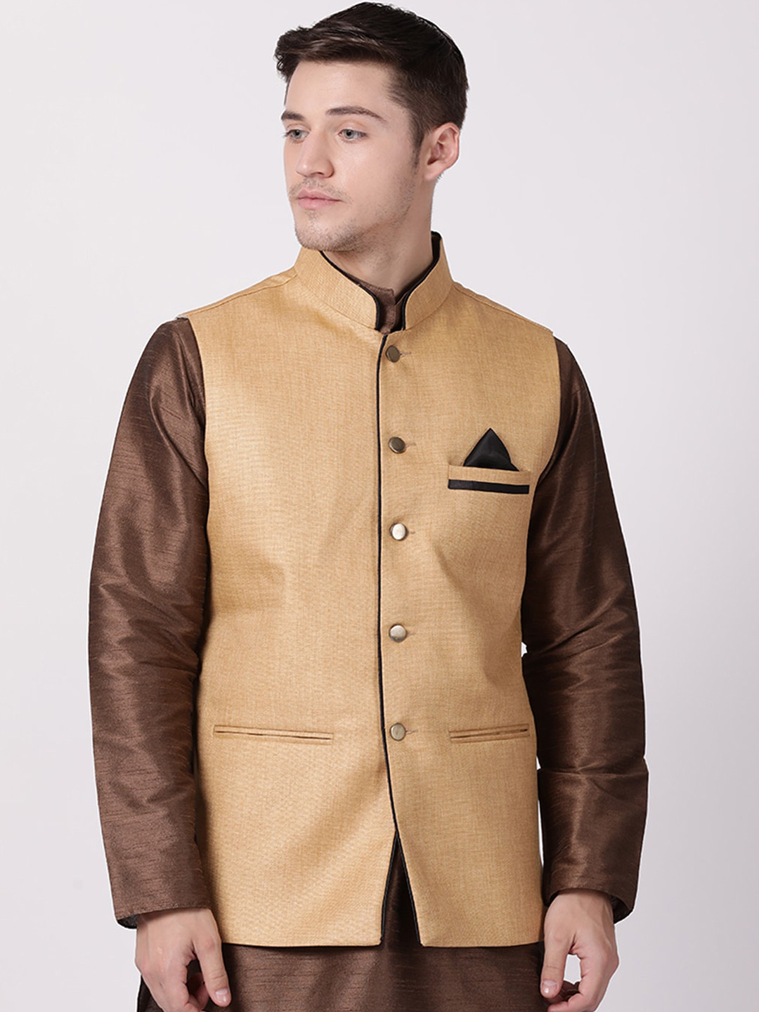 Buy TABARD Men Beige Solid Pure Cotton Woven Nehru Jacket - Nehru ...