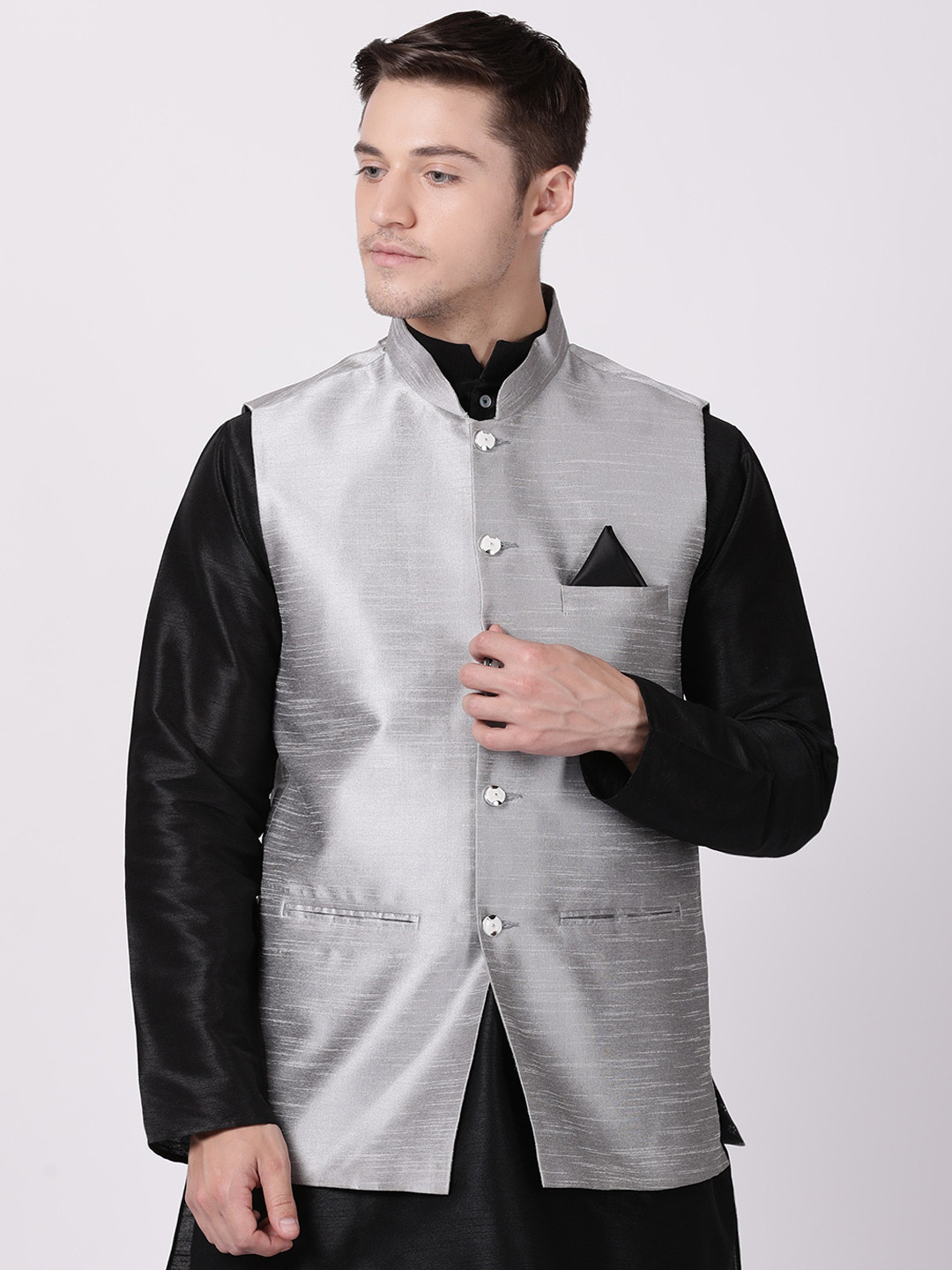 Buy TABARD Men Silver Coloured Solid Woven Nehru Jacket - Nehru Jackets ...
