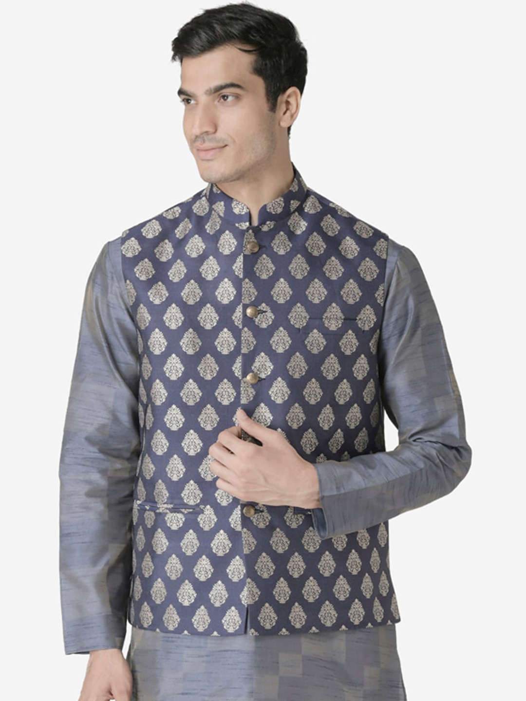 Buy TABARD Men Blue & Grey Woven Design Nehru Jacket - Nehru Jackets ...