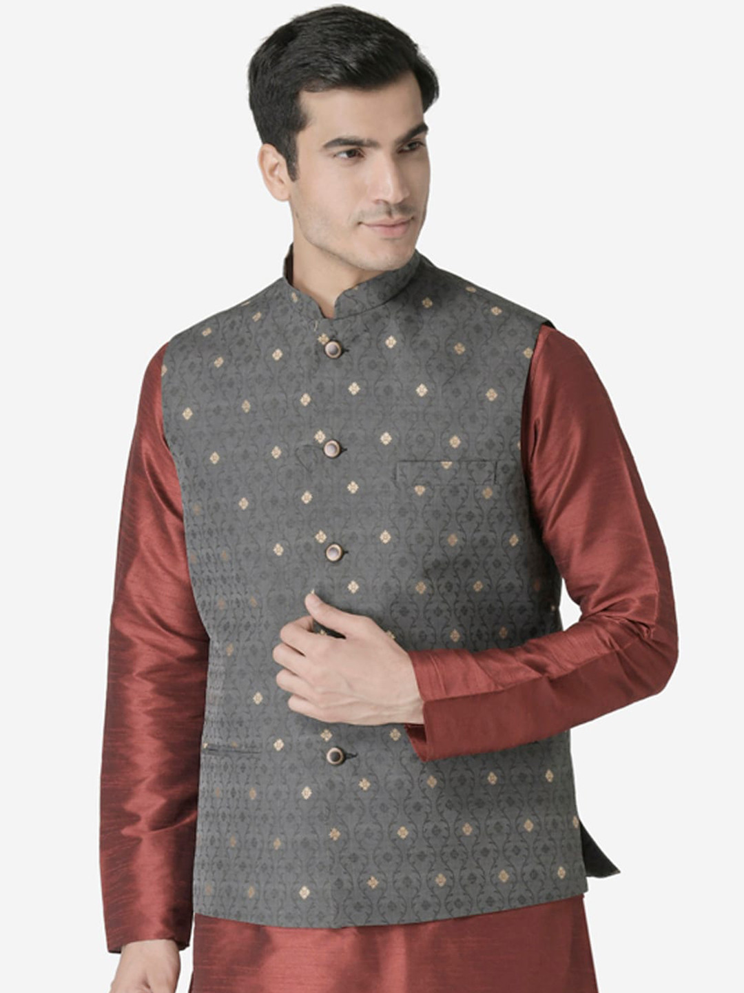 Buy TABARD Men Black & Beige Woven Design Nehru Jacket - Nehru Jackets ...