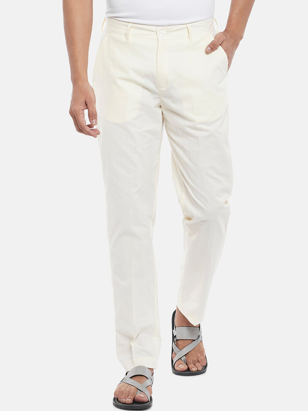 Buy Indus Route By Pantaloons Men Off White Solid Regular Trousers ...