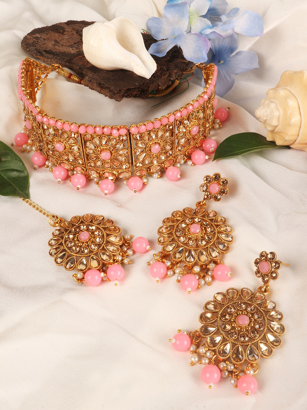 Buy PENNY JEWELS Pink Gold Plated Stone Studded Jewellery Set ...