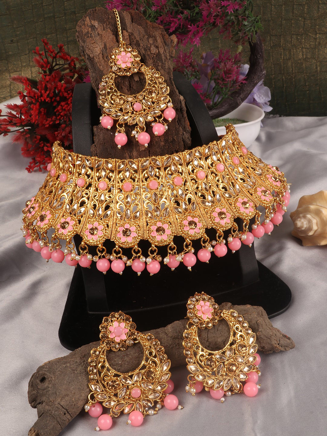 Buy PENNY JEWELS Pink Gold Plated Stone Studded Jewellery Set ...