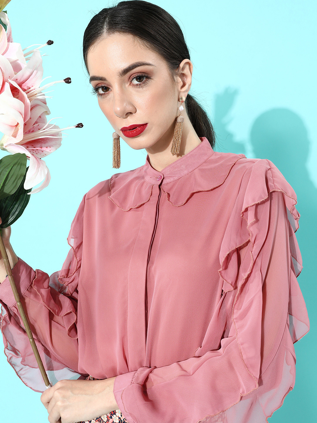 Buy PlusS Women Pretty Pink Solid Ruffled Shirt - Shirts for Women ...