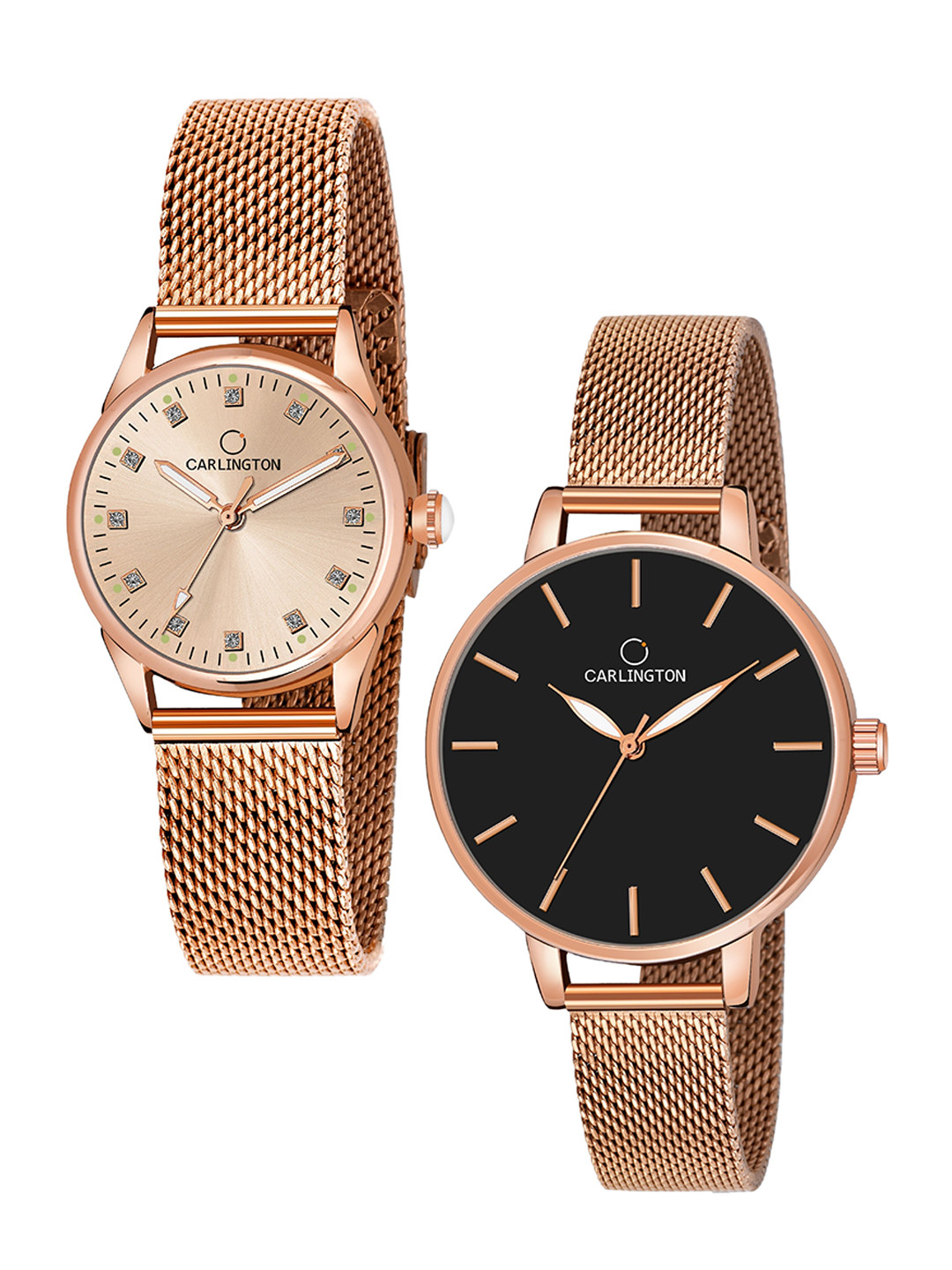 Buy CARLINGTON Women Set Of 2 Black & Rose Gold Toned Analogue Watch ...