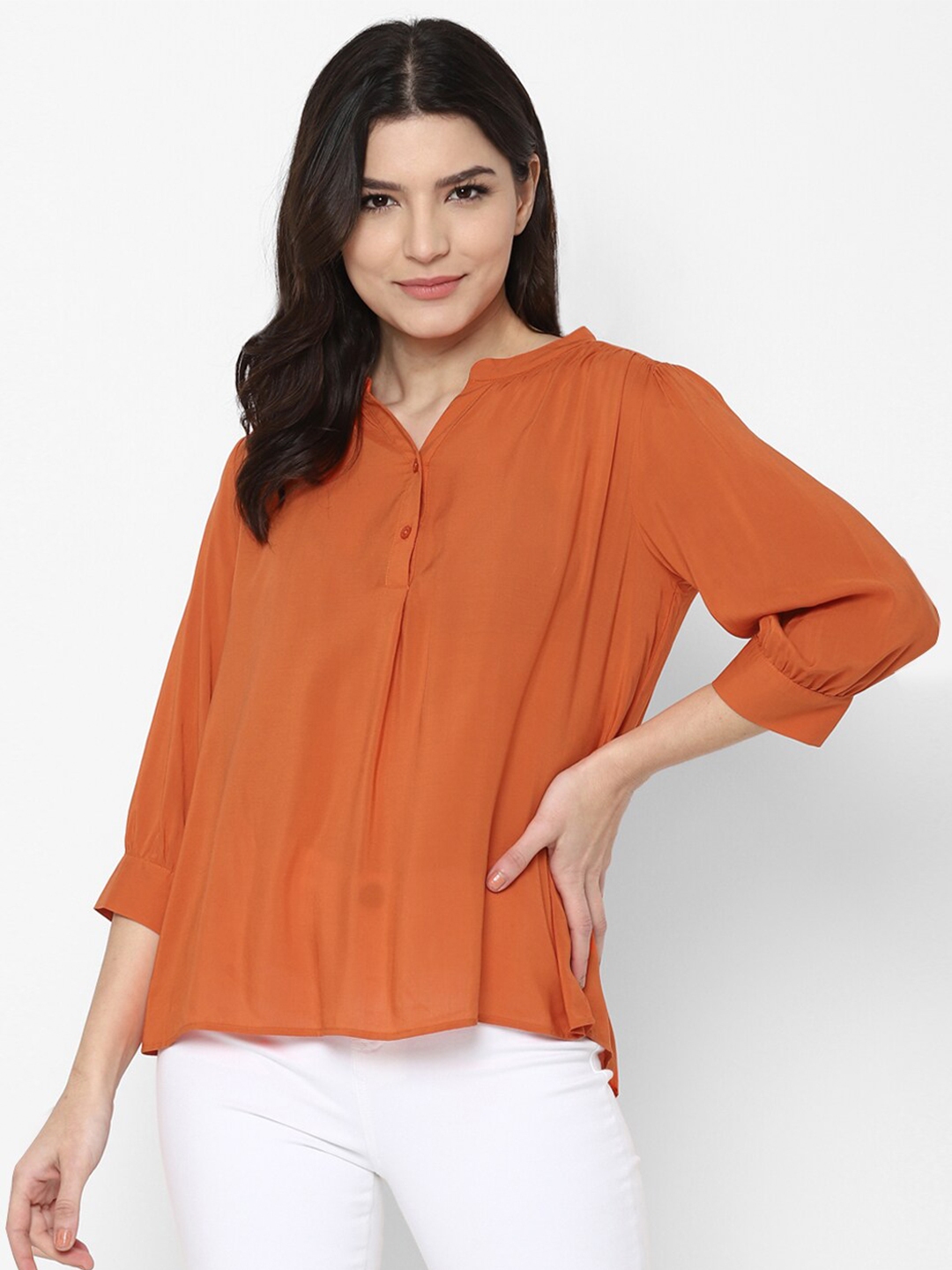 Buy Allen Solly Woman Orange Mandarin Collar Shirt Style Top Tops For