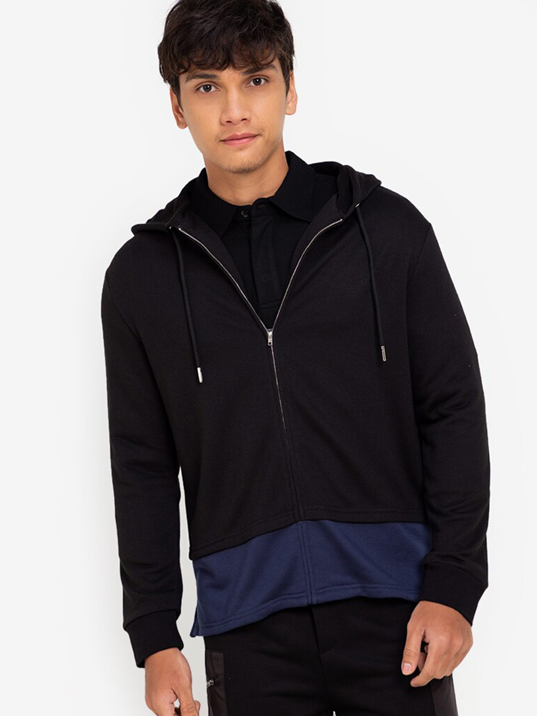 Buy ZALORA BASICS Men Black & Blue Colourblocked Hooded Sweatshirt ...