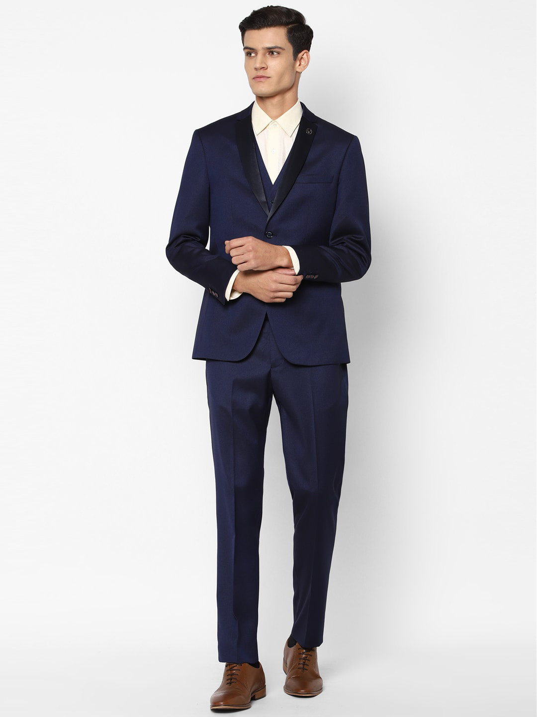 Buy Allen Solly Men Navy Blue Solid Slim Fit Single Breasted 3 Piece ...