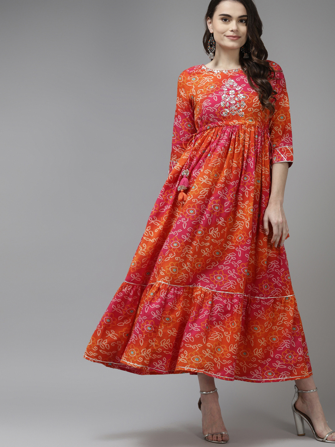 Buy Amirah S Orange & White Bandhani Print Ethnic Midi Dress With Gotta ...