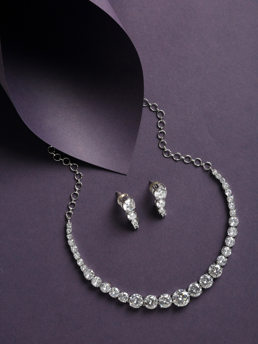 Buy Yellow Chimes Rhodium Plated American Diamond Studded Jewellery Set ...