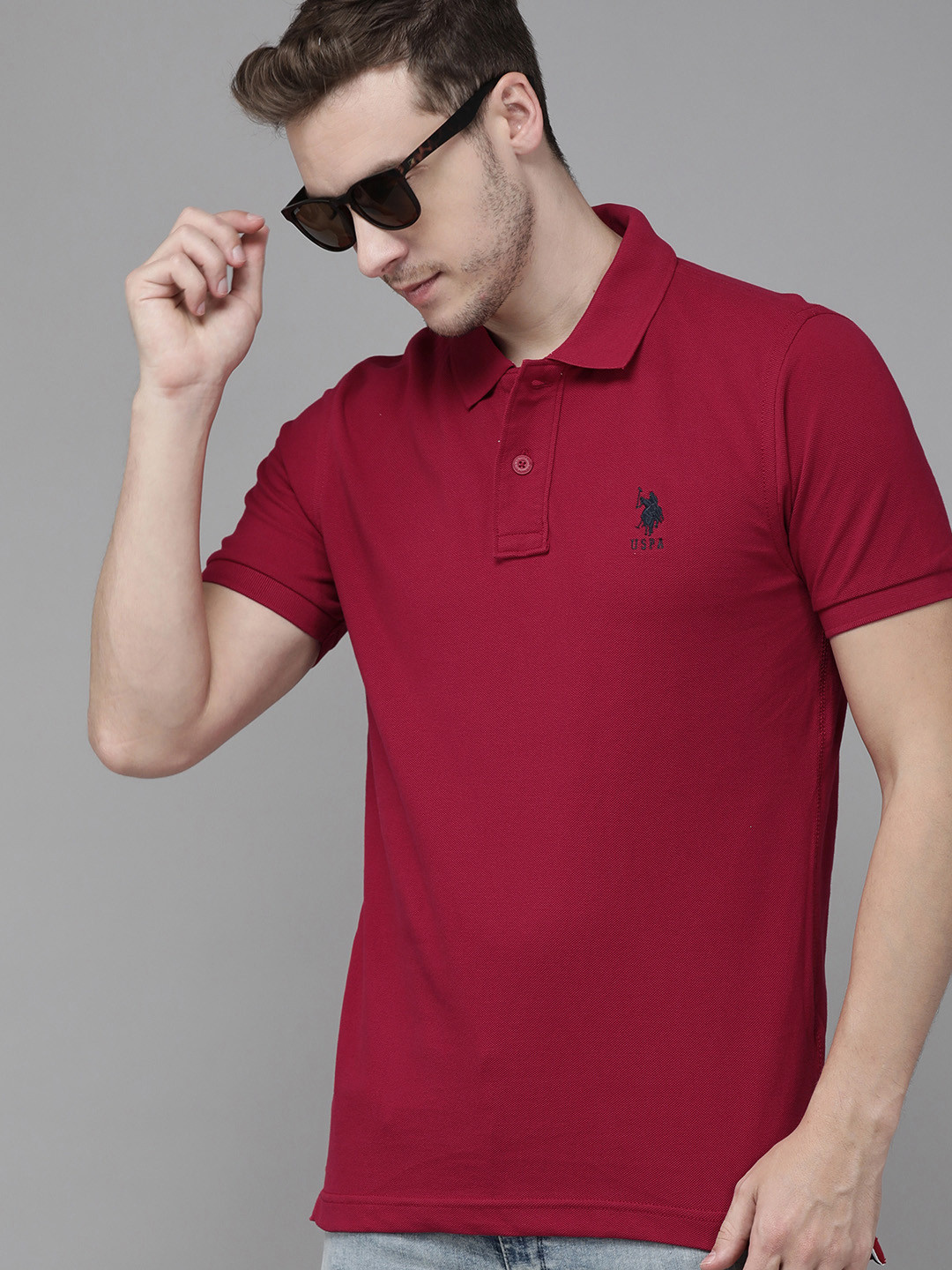 Buy U S Polo Assn Men Maroon Solid Polo Collar Slim Fit T Shirt ...