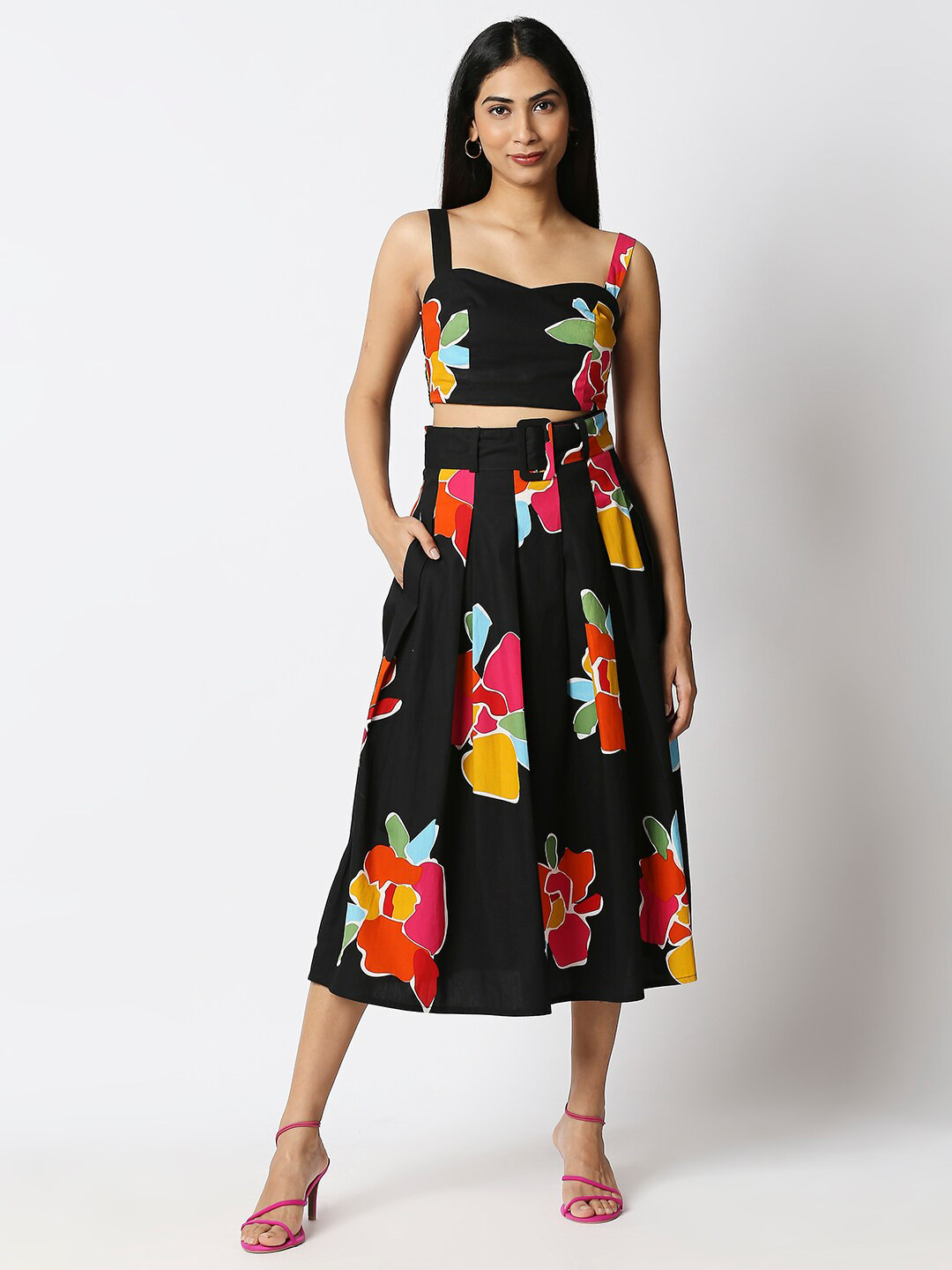 Buy 20Dresses Women Black & Multicoloured Printed Top With Skirt - Co ...