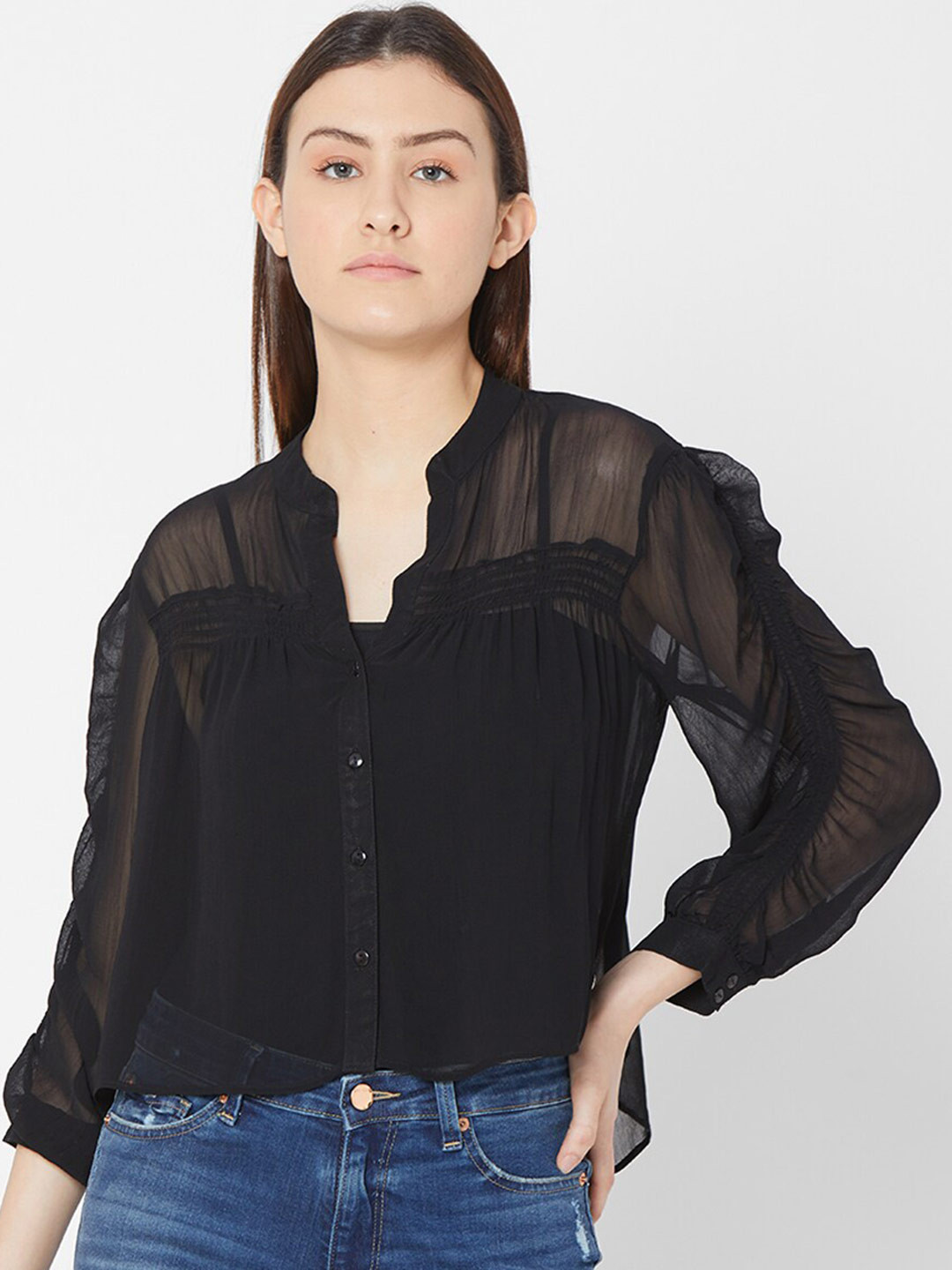 Buy SPYKAR Black Mandarin Collar Top - Tops for Women 16432318 | Myntra