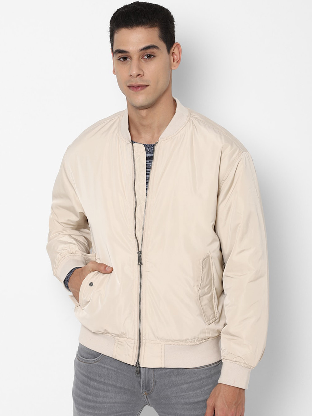 Buy FOREVER 21 Men Cream Coloured Bomber Jacket - Jackets for Men ...
