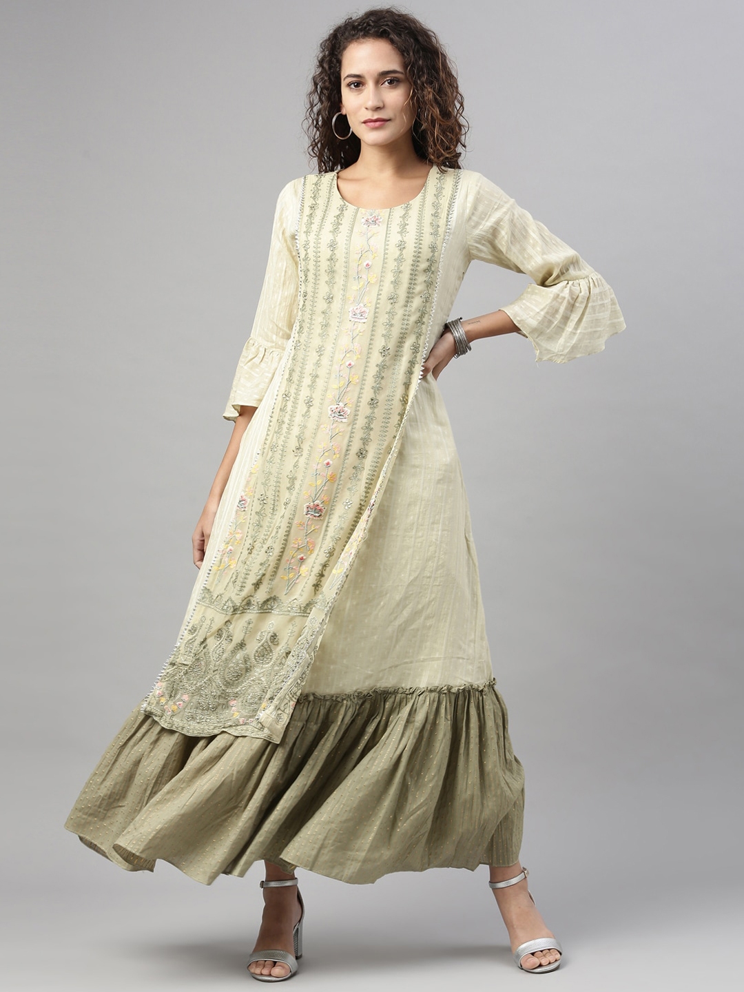 Buy Neerus Women Olive Green Ethnic Motifs Printed Flared Sleeves