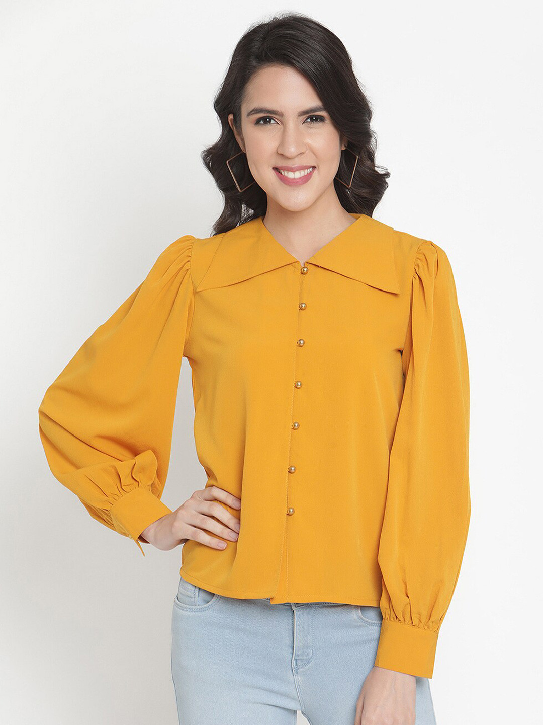 Buy THREAD MUSTER Mustard Yellow Crepe Shirt Style Top - Tops for Women ...